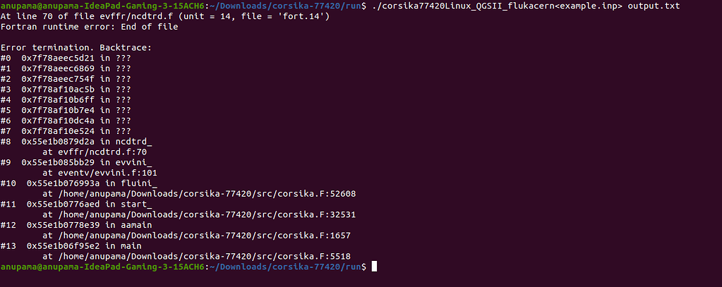 Running Corsika program using Fluka as low energy interaction - Running and Runtime Errors ...